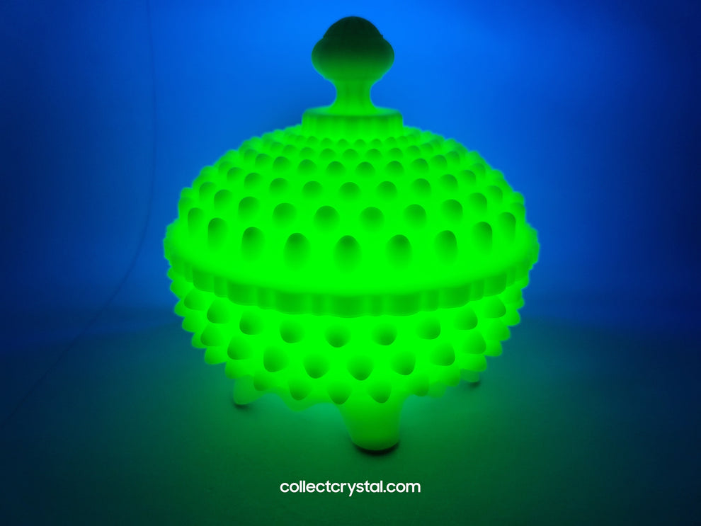 Fenton Custard Raised Hobnail covered Candy dish Uranium glass glows ...